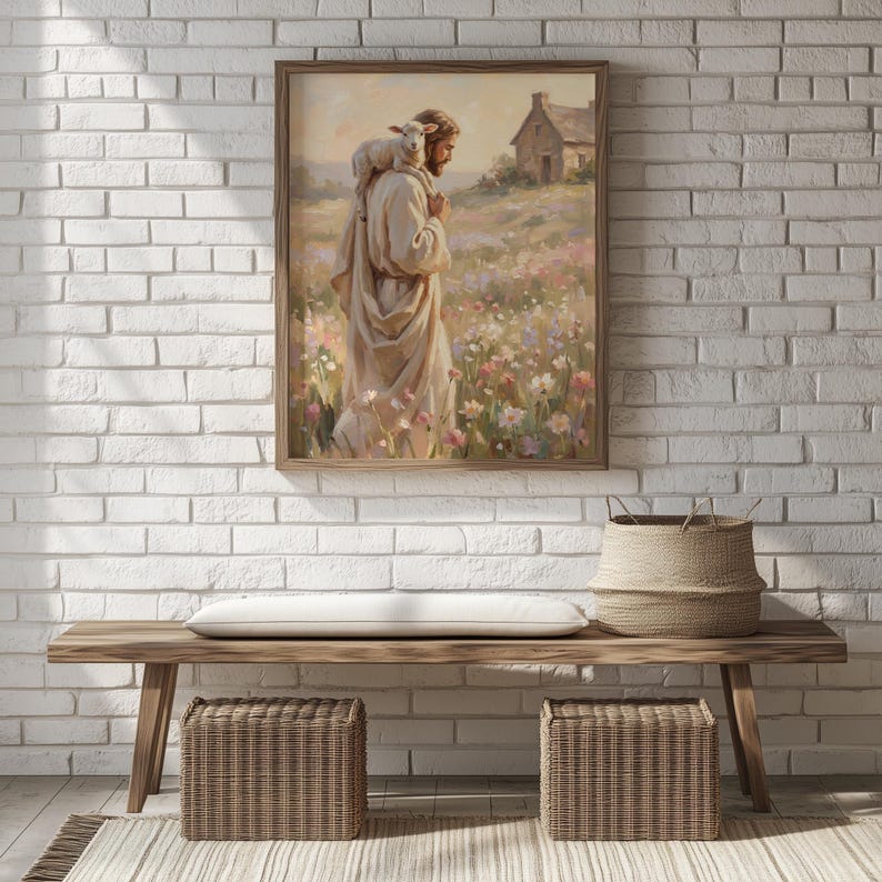 Rustic Shepherd With Lamb Printable Art - Serene Pastoral Scene, Cozy ...