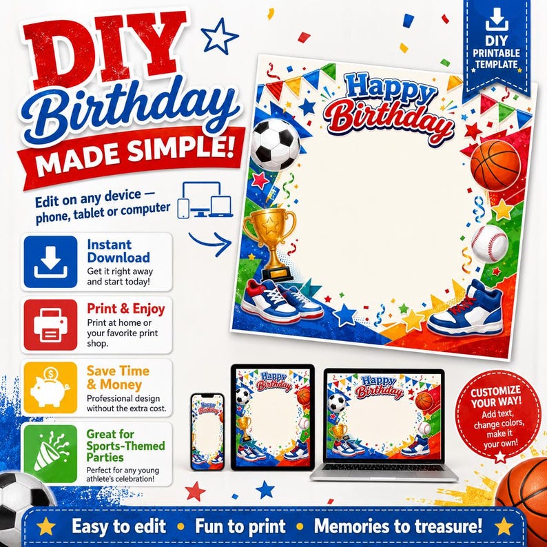 Sports Birthday Invitation Template, Editable, Instant Download ...