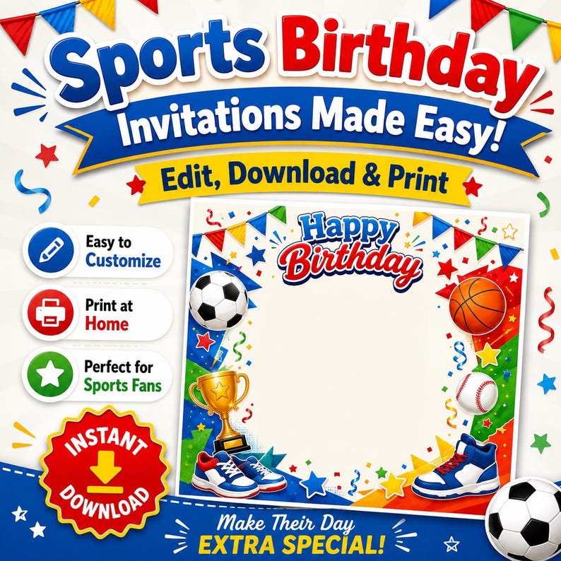 Sports Birthday Invitation Template, Editable, Instant Download ...