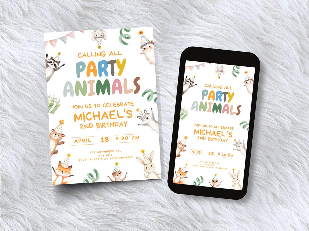 Party Animals Birthday Invitation, Woodland Forest Animal Invite, Cute ...