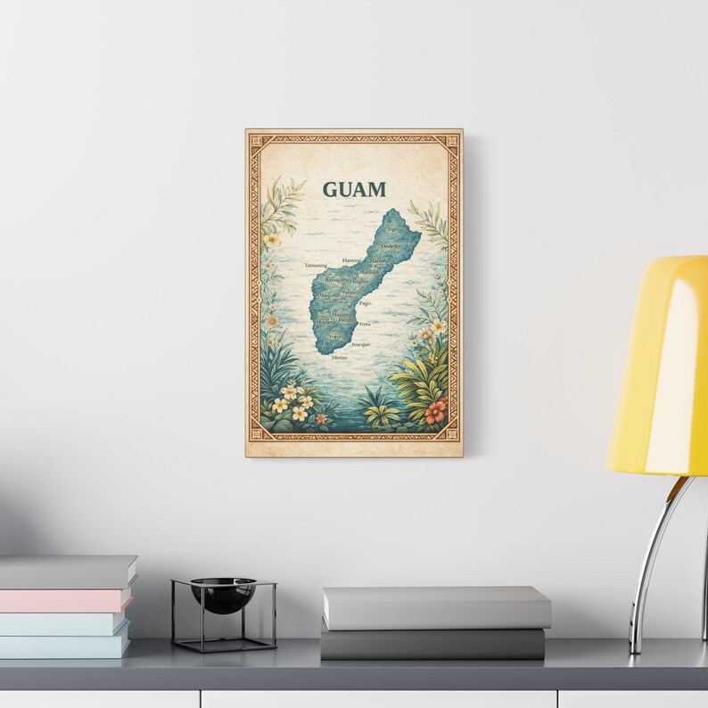 Vintage Guam Island Map | Decorative Wall Art With Villages - Etsy