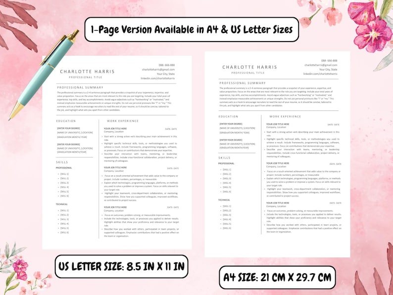 ATS Resume Template With Cover Letter, Word & Google Docs, 1–2 Pages ...