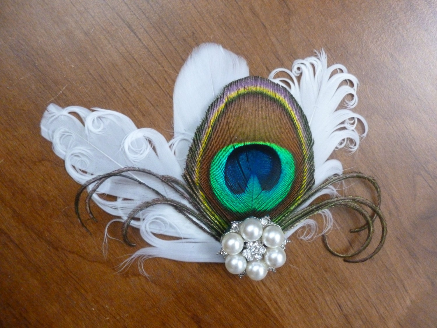 Bridal Feather Hair Clip Peacock White Feathers Pearl - Etsy