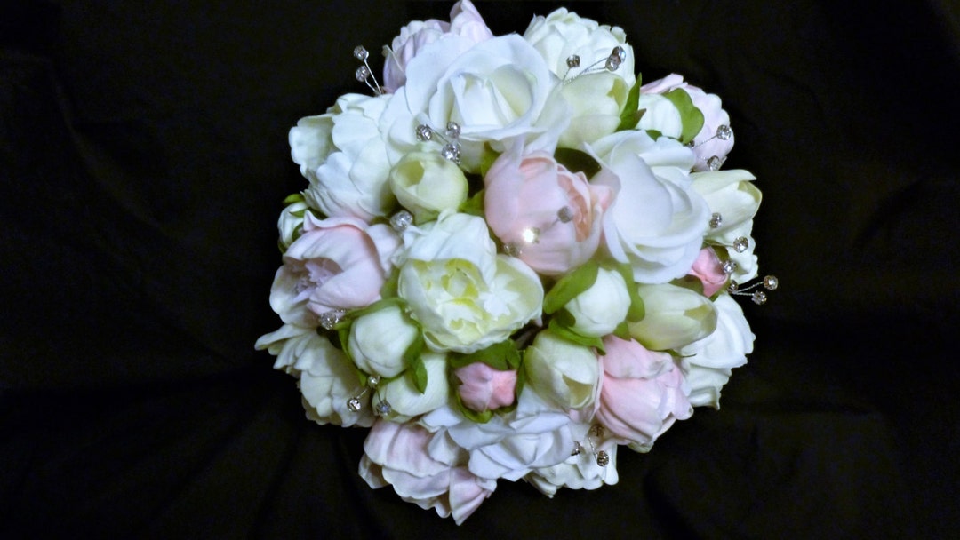 Real Touch Rose, Peony, Tulip Bridal Bouquet, Rhinestone, Blush, Ivory ...