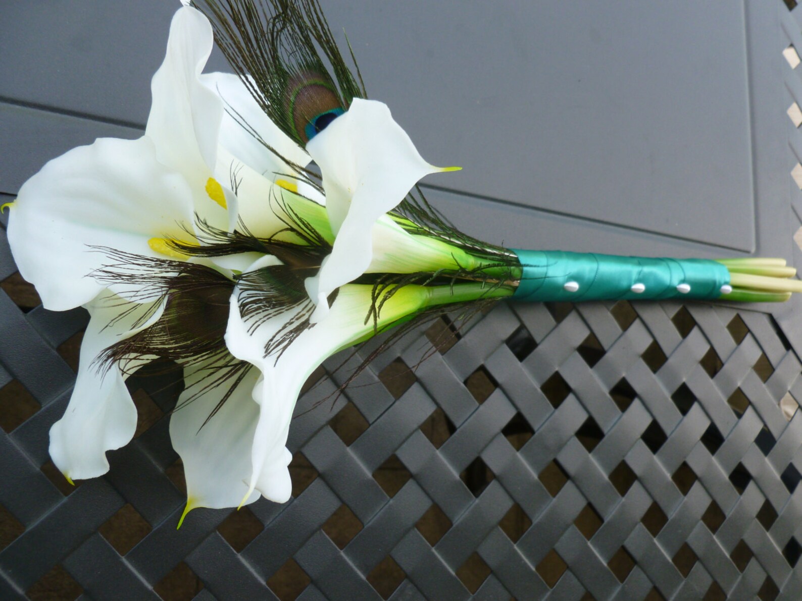 Real Touch Calla Lily Peacock Feather Small Bridal Bouquet | Etsy