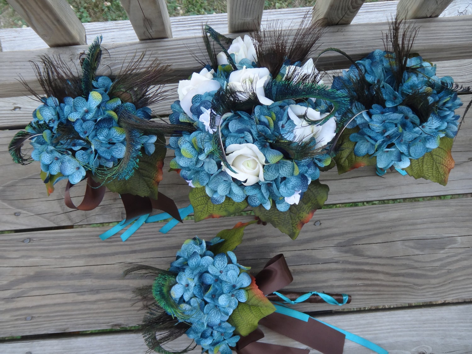 Teal hydrangea peacock bridal bouquet set 1 bridal bouquet 3 | Etsy