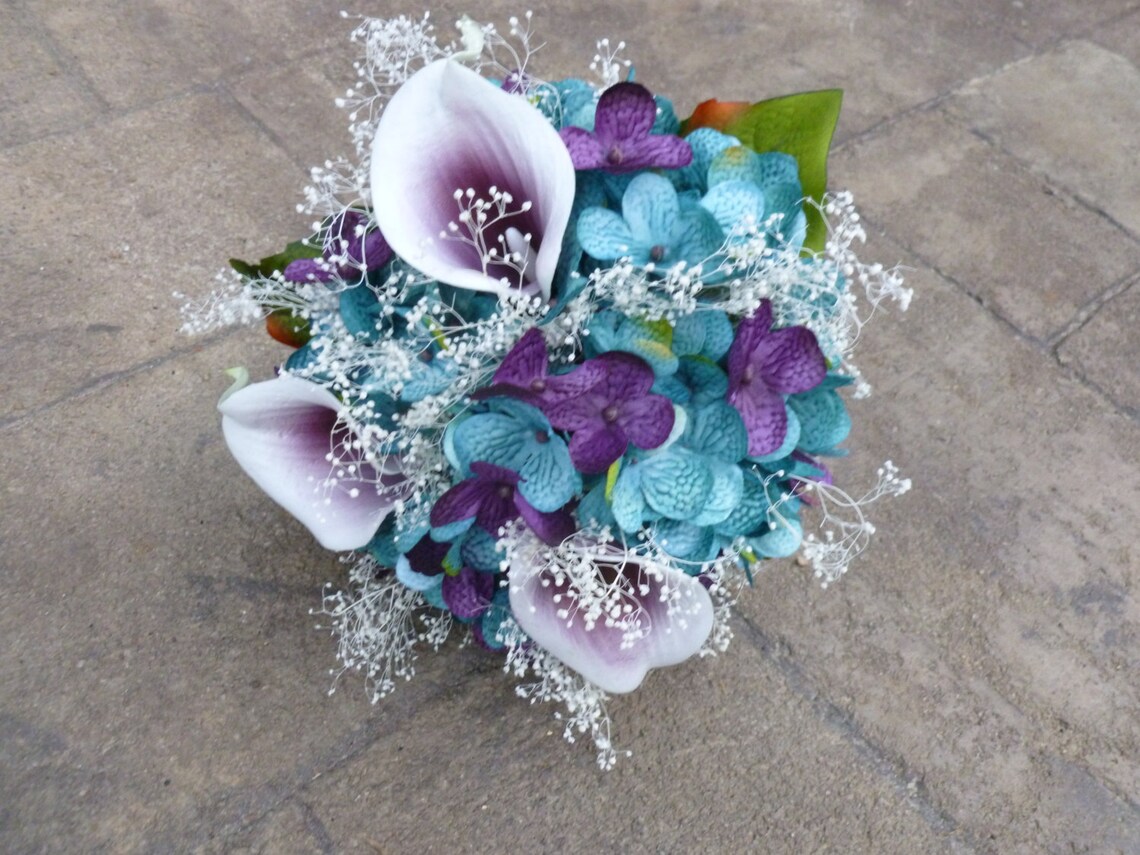Teal Plum Hydrangeas Picasso Calla Lily Small Bridesmaids - Etsy