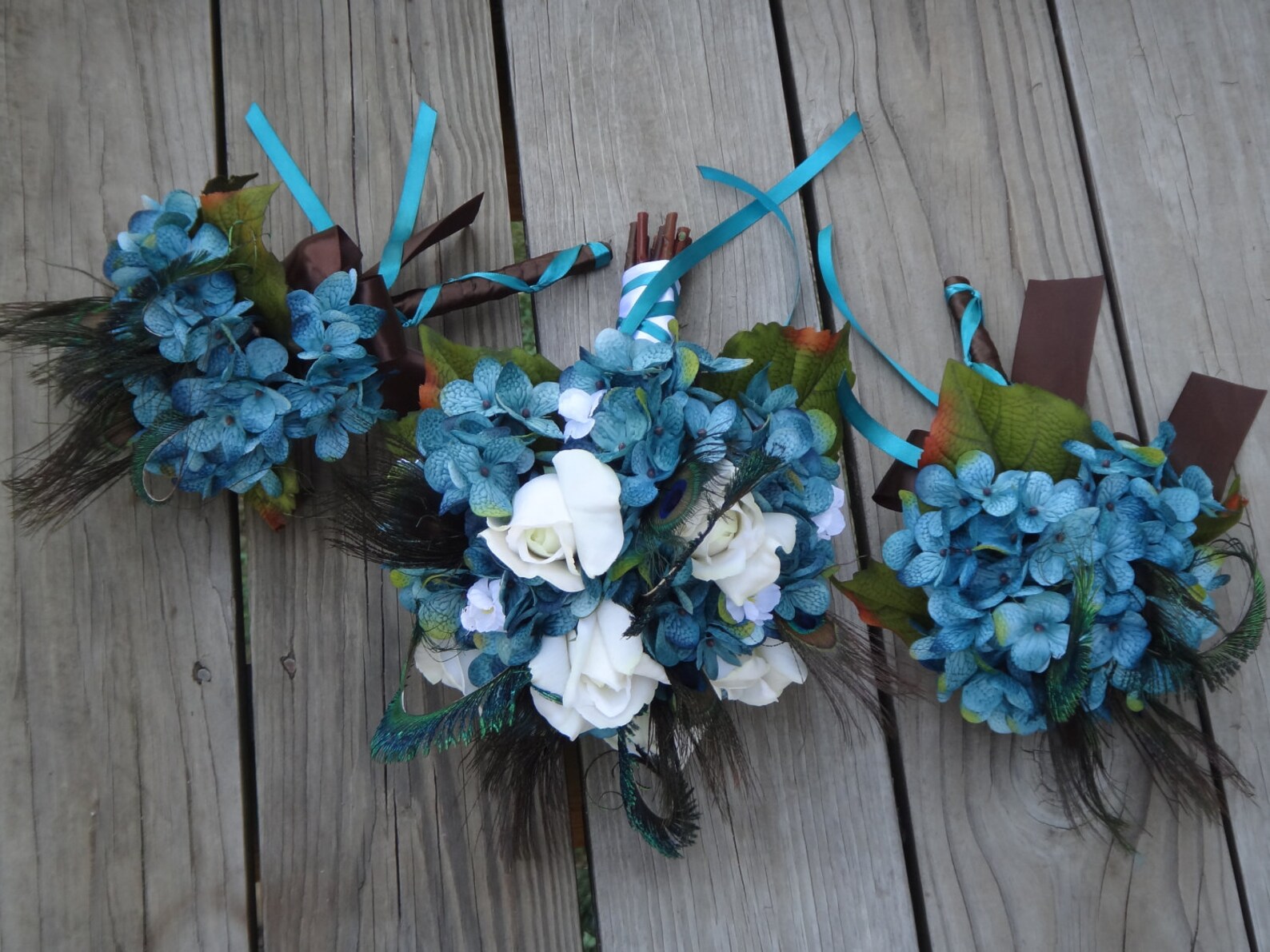 Teal Hydrangea Peacock Bridal Bouquet Set 1 Bridal Bouquet 3 - Etsy