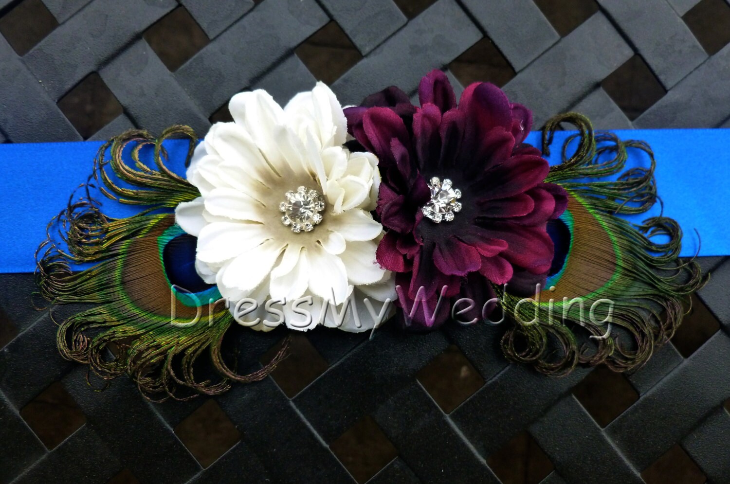 Daisy sash pin dark purple daisy cream daisy with peacock | Etsy