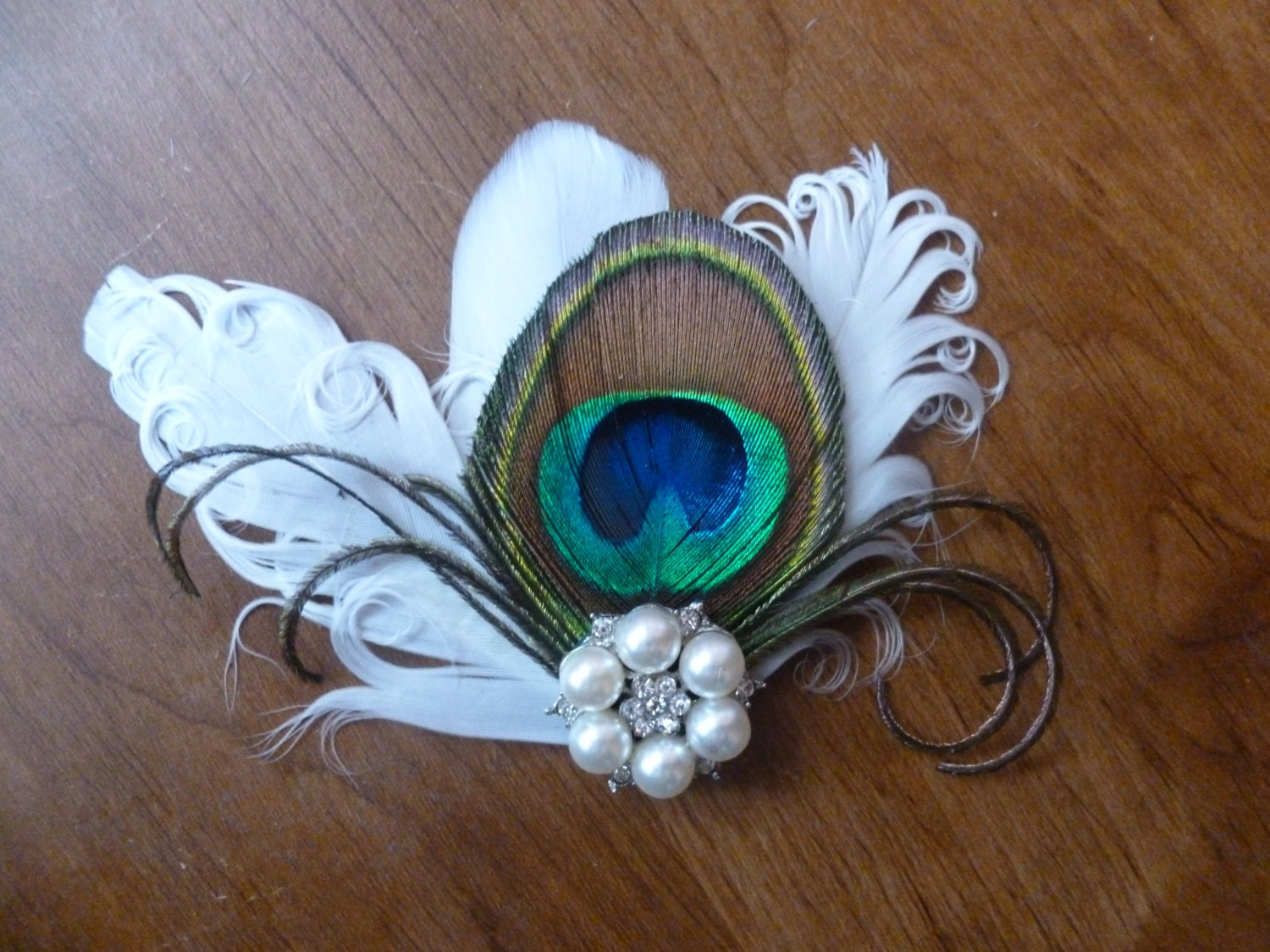 Bridal Feather Hair Clip, Peacock White Feathers, Pearl Rhinestone - Etsy