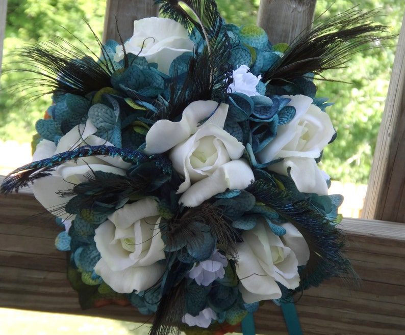 Teal Hydrangea Peacock Bridal Bouquet Set 1 Bridal Bouquet 3 - Etsy