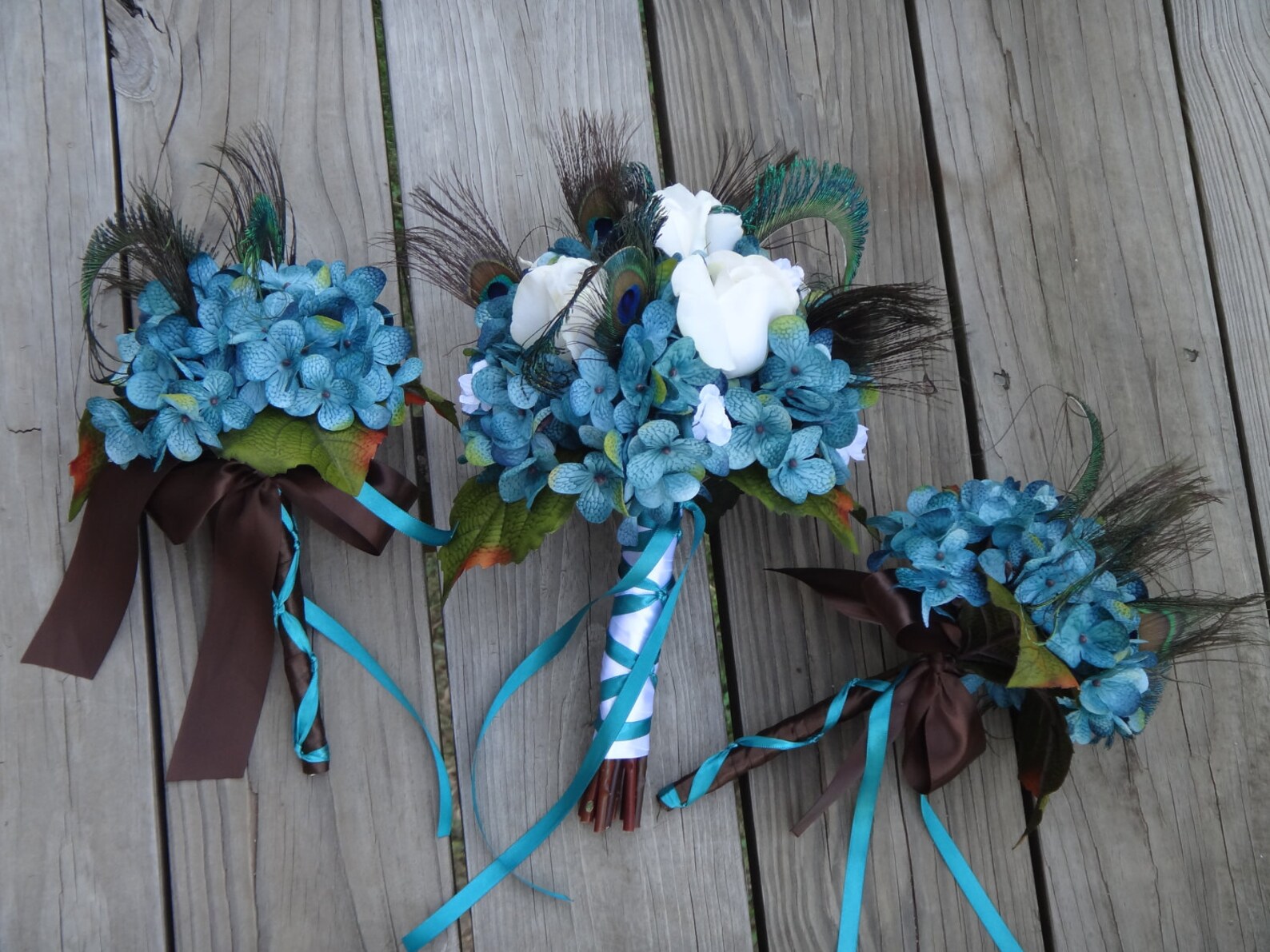 Teal Hydrangea Peacock Bridal Bouquet Set 1 Bridal Bouquet 3 - Etsy