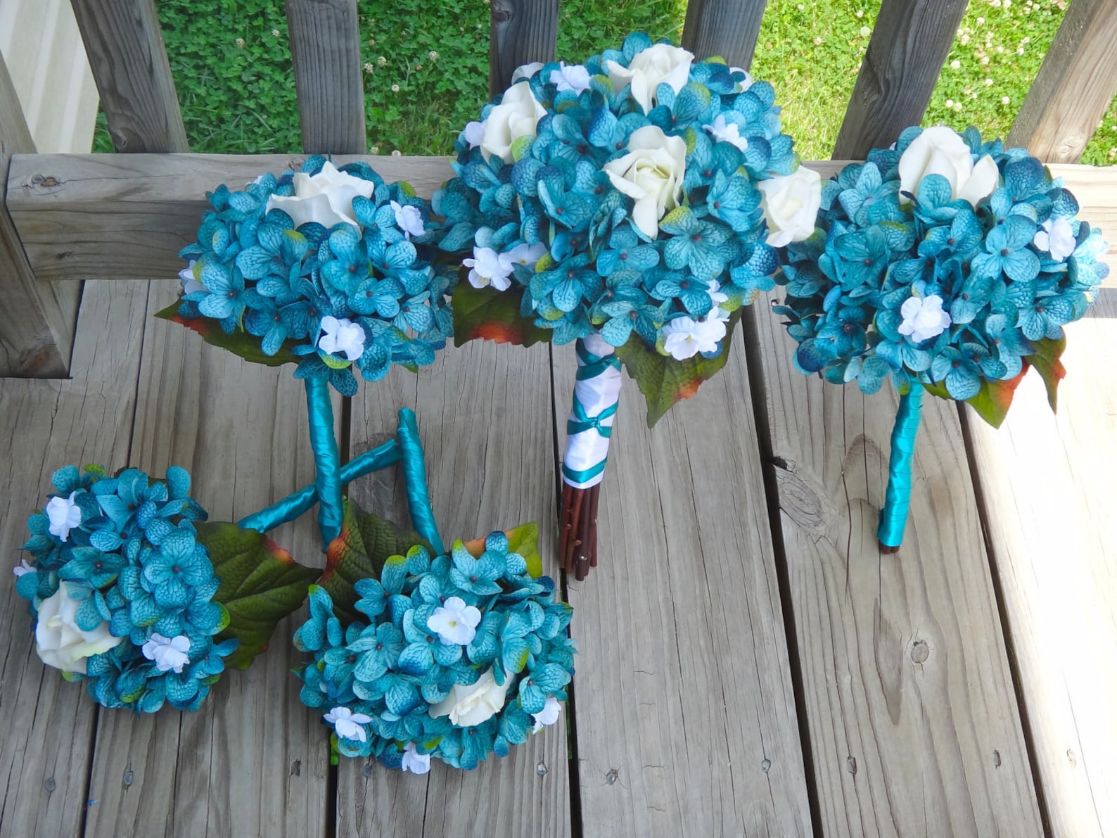 Hydrangea Bridal Bouquet Set Teal Hydrangea and White Flower - Etsy