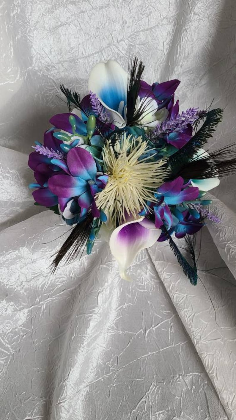 Purple Teal Peacock Bridal Bouquet Cascading Artificial - Etsy