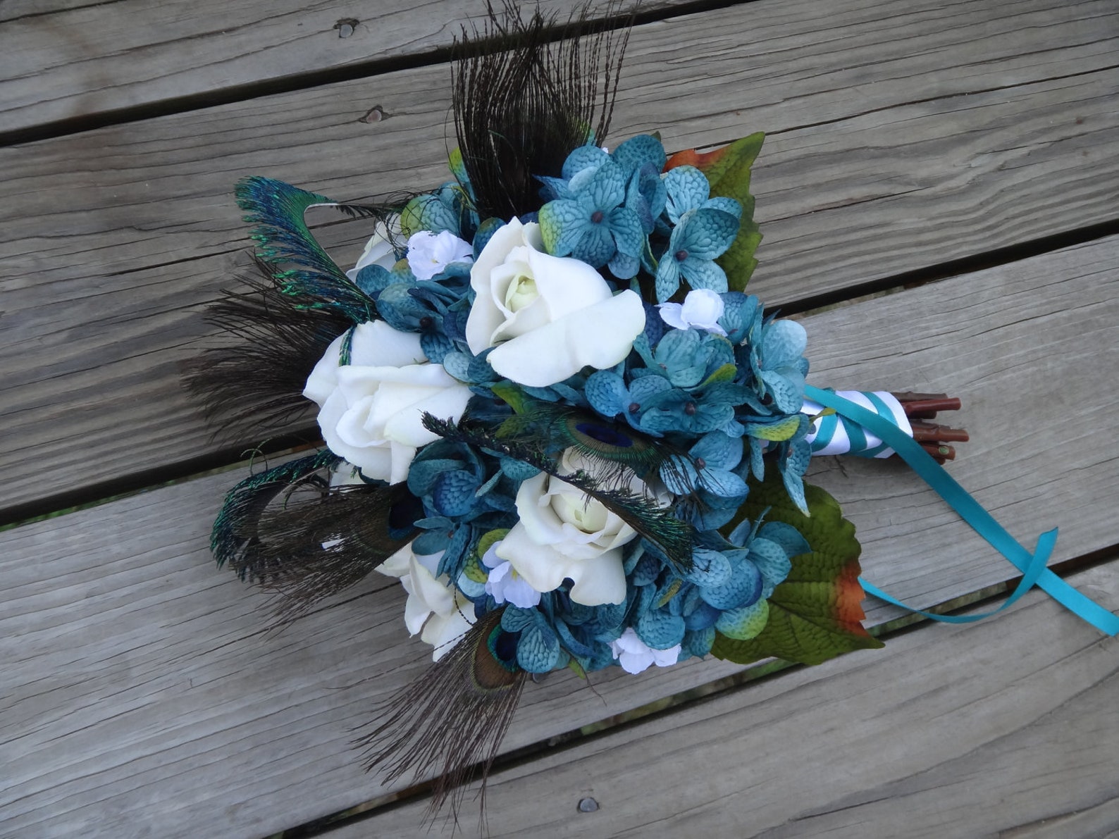 Teal Hydrangea Peacock Bridal Bouquet Set 1 Bridal Bouquet 3 - Etsy
