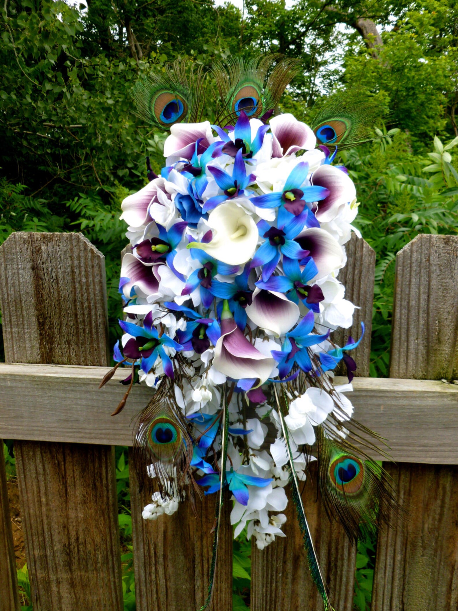 Cascading Purple Blue Dendrobium Orchid Bouquet Peacock Feathers ...