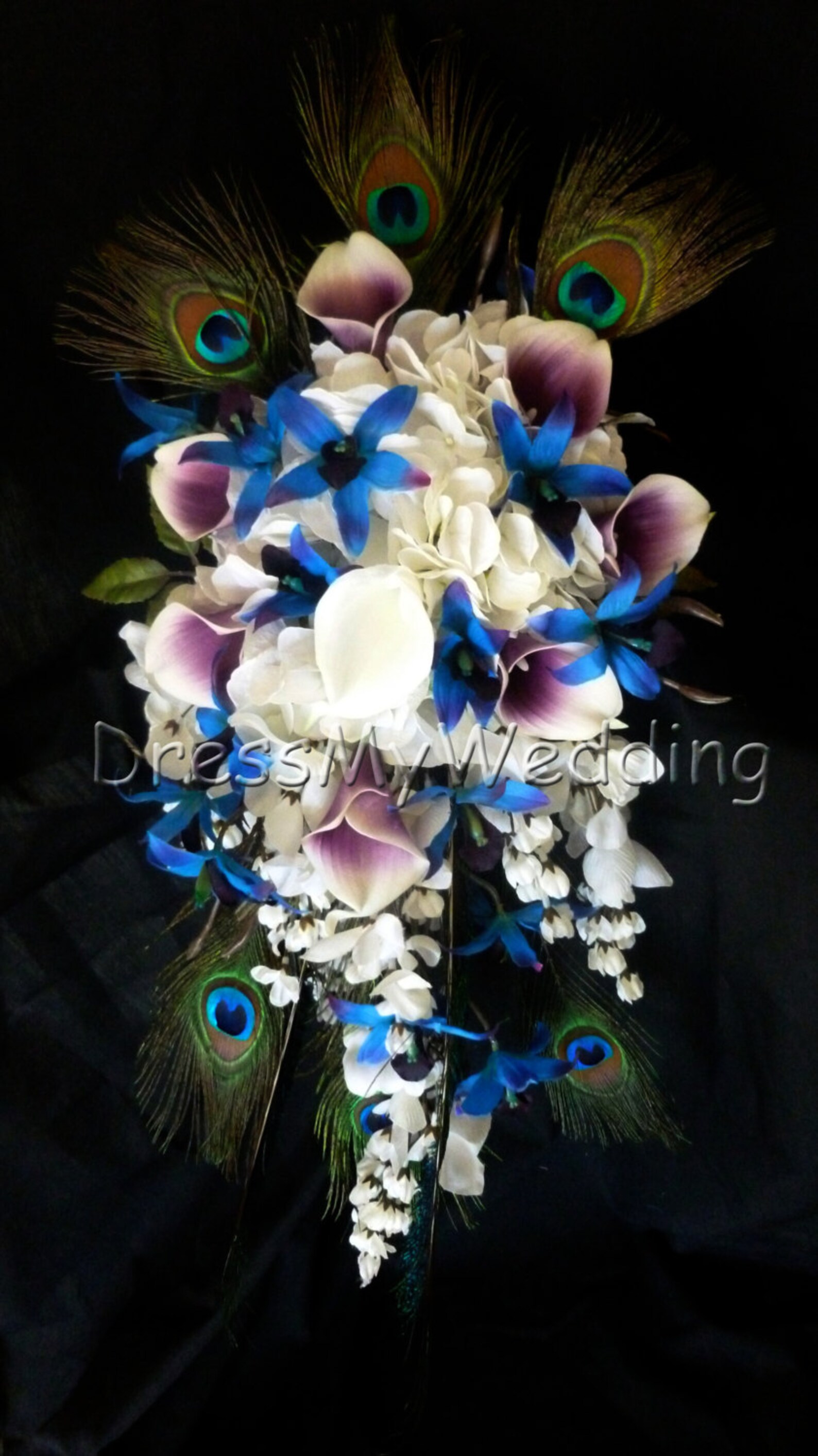 Cascading Purple Blue Dendrobium Orchid Bouquet Peacock Feathers ...