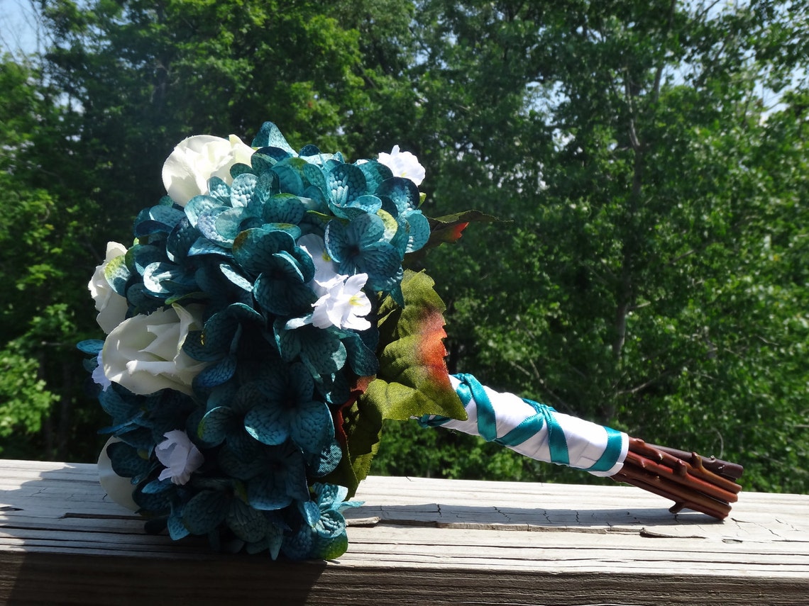 Hydrangea Bridal Bouquet Set Teal Hydrangea and White Flower - Etsy