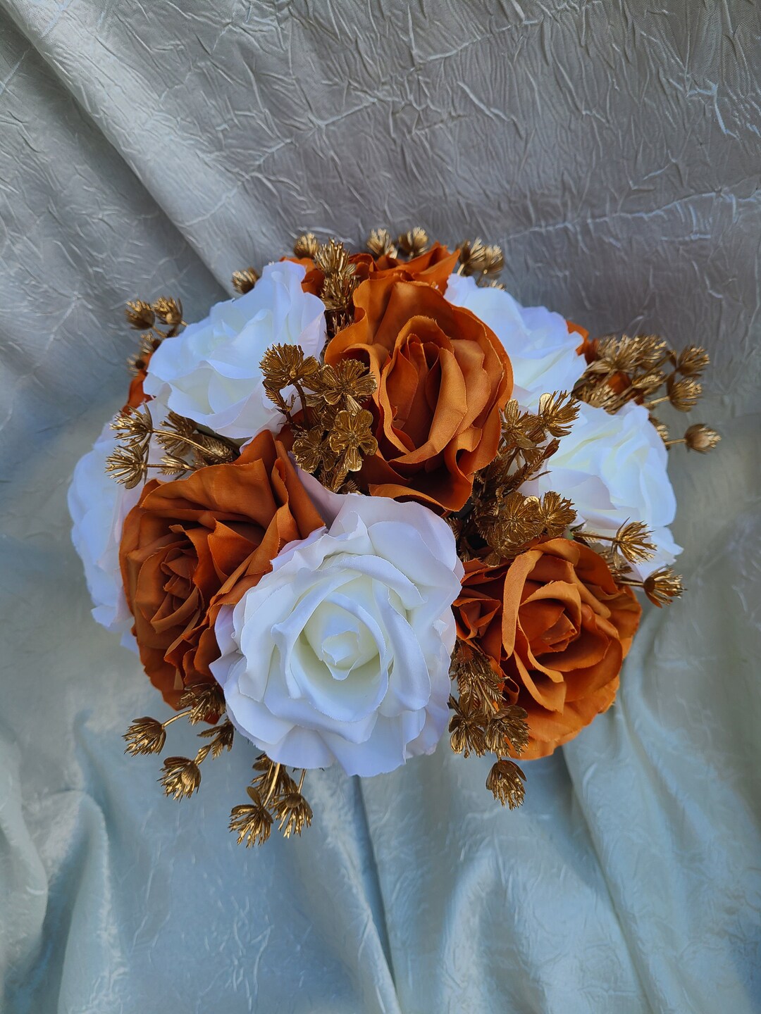 Ivory, Burnt Orange Gold Rose Silk Flower Bouquet, Artificial Flowers ...