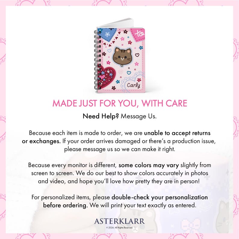 Personalized Pink Cat Spiral Notebook | Kawaii Folk Hearts Floral ...