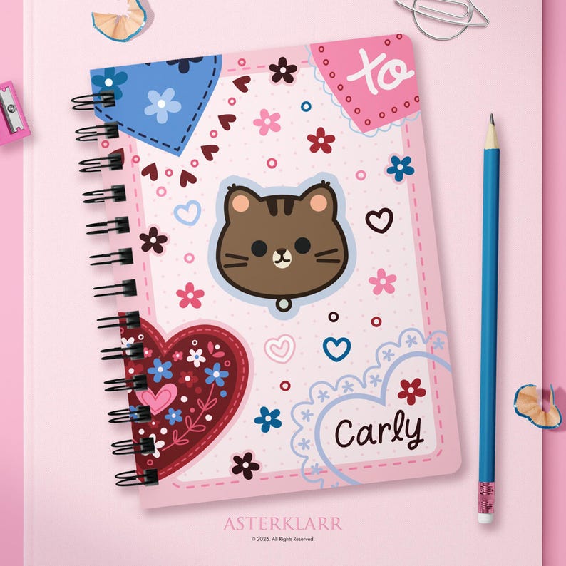 Personalized Pink Cat Spiral Notebook | Kawaii Folk Hearts Floral ...
