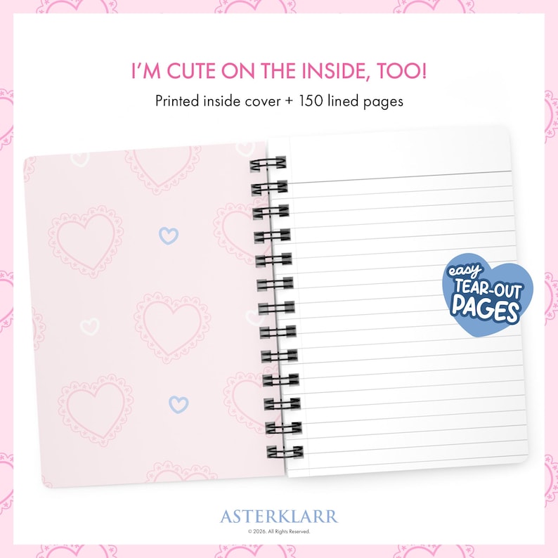 Personalized Pink Cat Spiral Notebook | Kawaii Folk Hearts Floral ...
