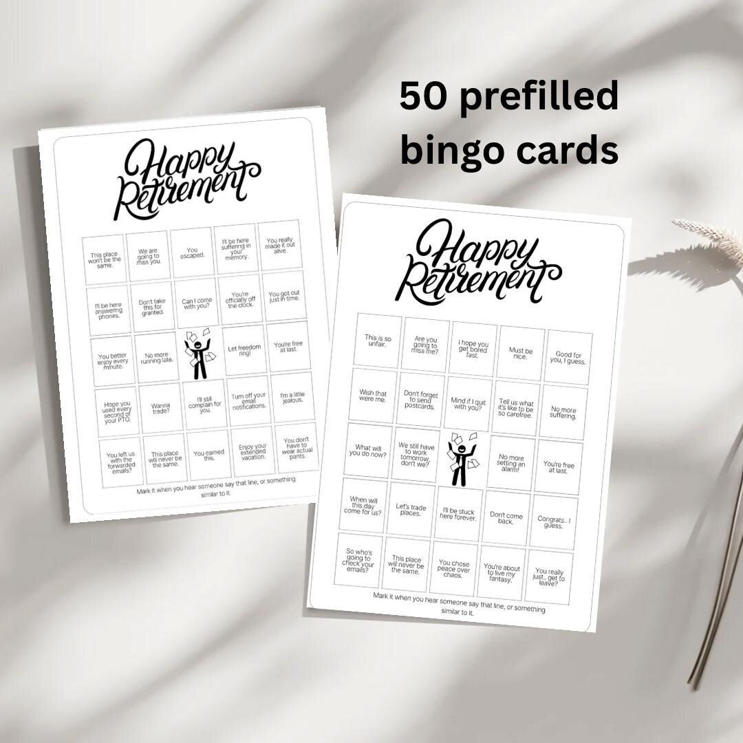 Retirement Bingo | Retirement Game | Prefilled Bingo Card | Printable ...