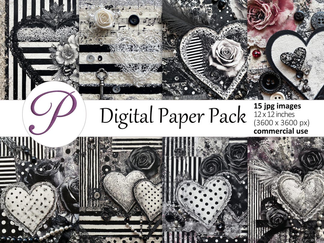 Gothic Digital Paper Pack: Vintage Black and White Collage Backgrounds ...