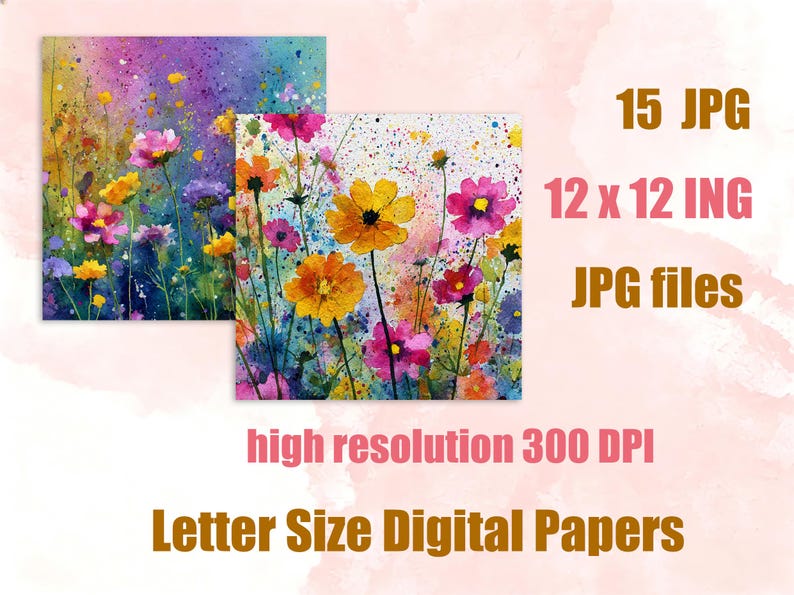 Wildflowers Digital Paper Pack: Watercolor Meadow Backgrounds in Bright ...