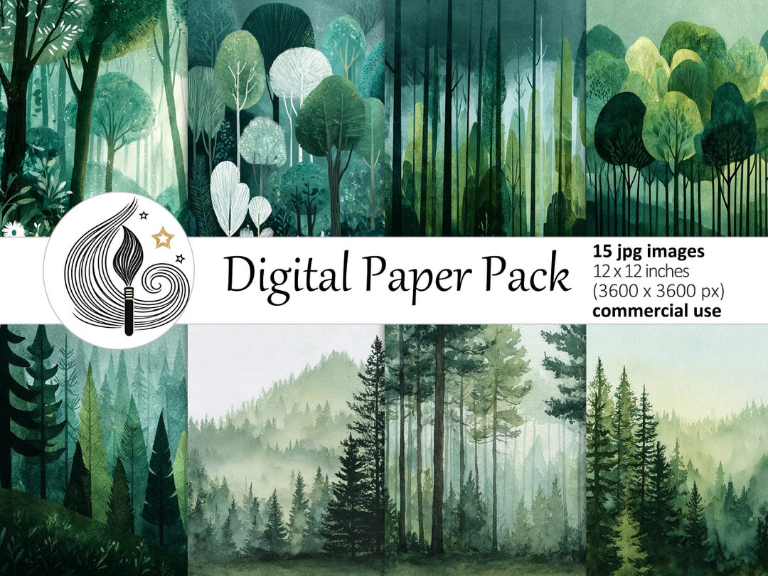 Forest Trees Digital Paper Pack: Watercolor Woodland Backgrounds in ...