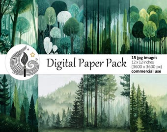 Forest Trees Digital Paper Pack: Watercolor Woodland Backgrounds in ...