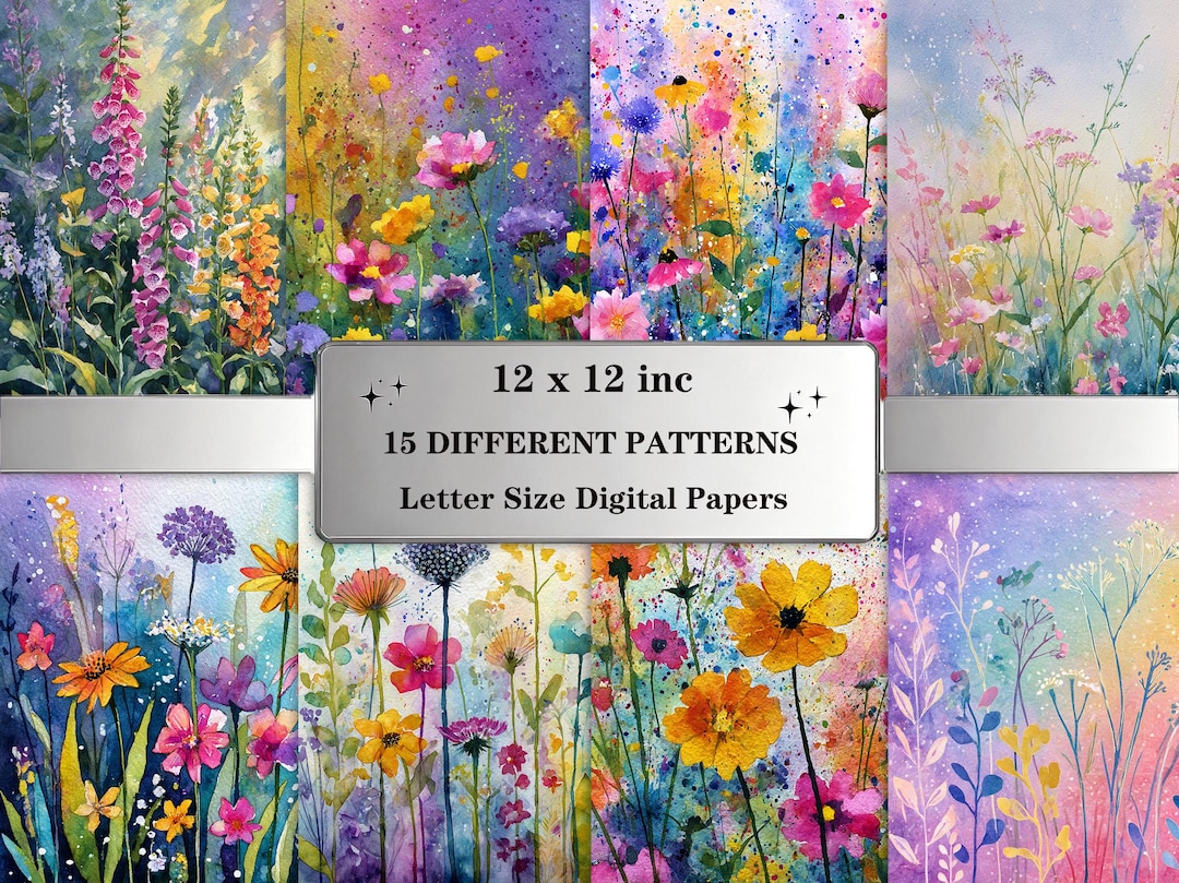 Wildflowers Digital Paper Pack: Watercolor Meadow Backgrounds in Bright ...
