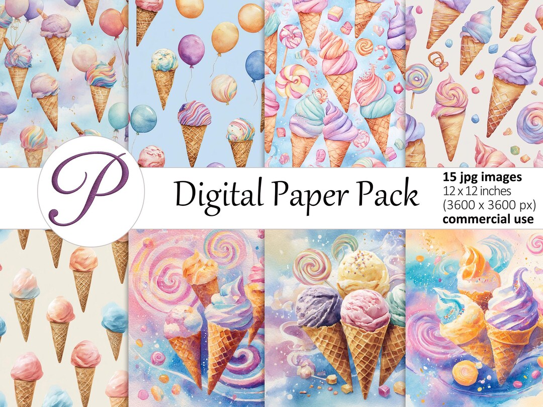 Ice Creams Digital Paper Pack: Pastel Watercolor Dessert Backgrounds - Etsy