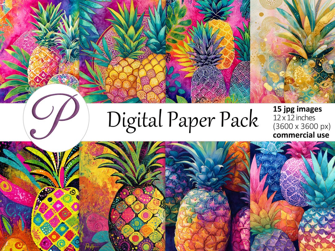 Pineapple Digital Paper Pack: Tropical Fruit Backgrounds in Rainbow ...