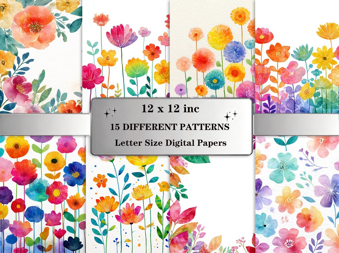 Floral Digital Paper Pack: Bold Watercolor Flower Backgrounds in Warm ...