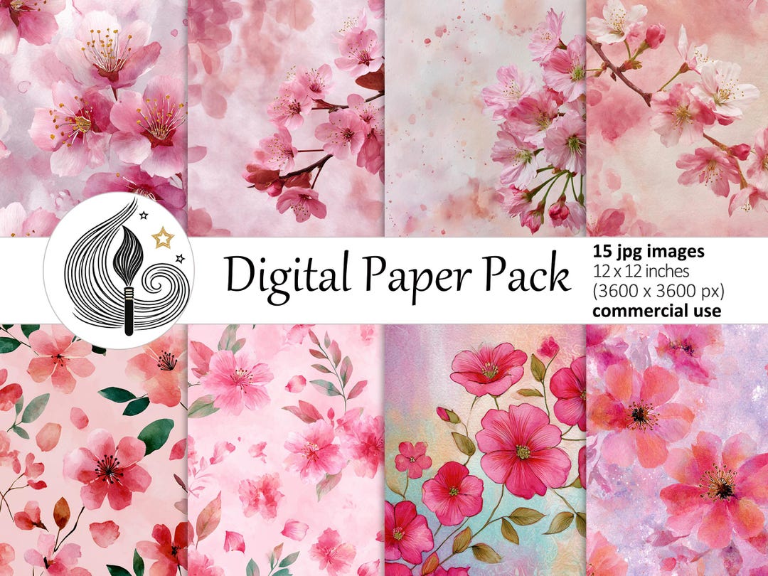 Pink Floral Digital Paper Pack: Watercolor Flower Backgrounds in Bright ...