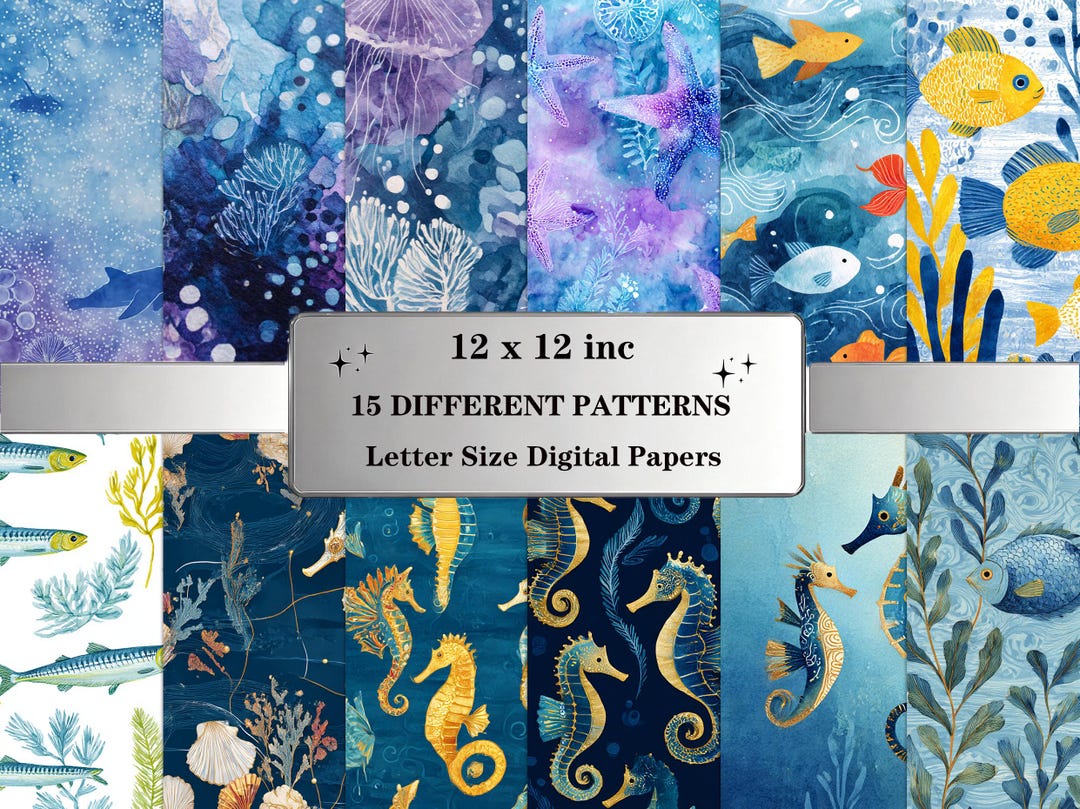 Ocean Seamless Patterns: Watercolor Sea Life Digital Paper Pack With ...