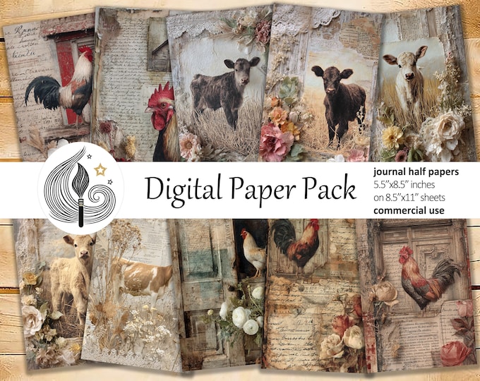 Farmhouse Junk Journal Pages: Rustic Country Papers With Chickens ...