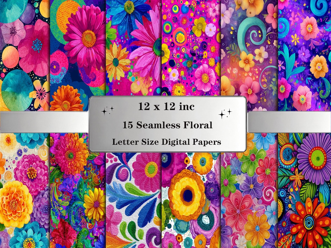 Floral Seamless Patterns: Retro Flower Power Digital Paper Pack With ...