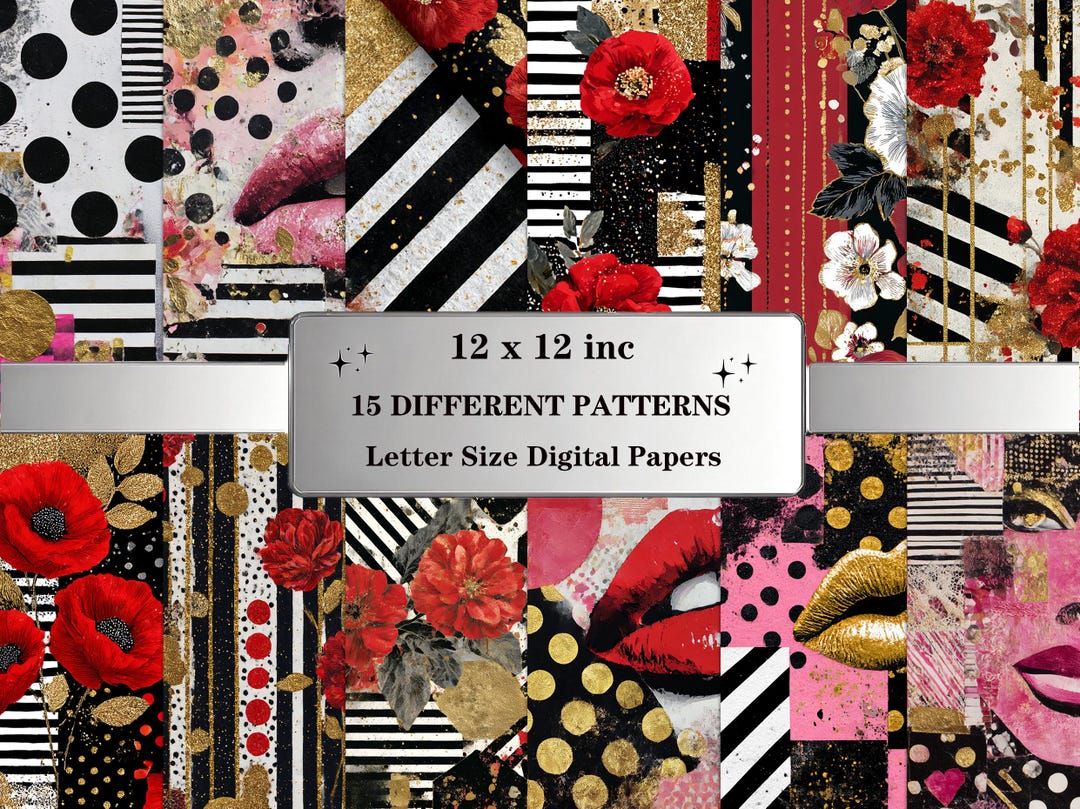 Glamour Digital Paper Pack: Mixed Media Fashion Backgrounds With Gold ...