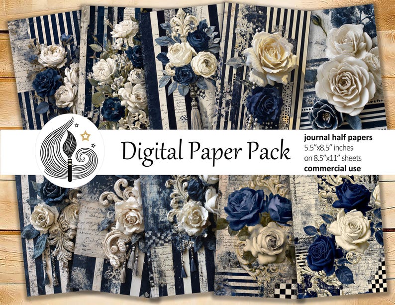 Gothic Junk Journal Pages: Dark Elegant Papers With Blue Roses and ...