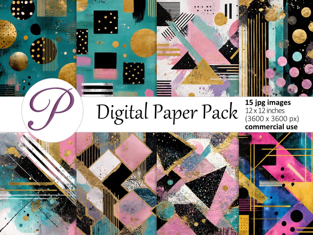 Modern Geometric Digital Paper Pack: Abstract Gold and Teal Patterns ...