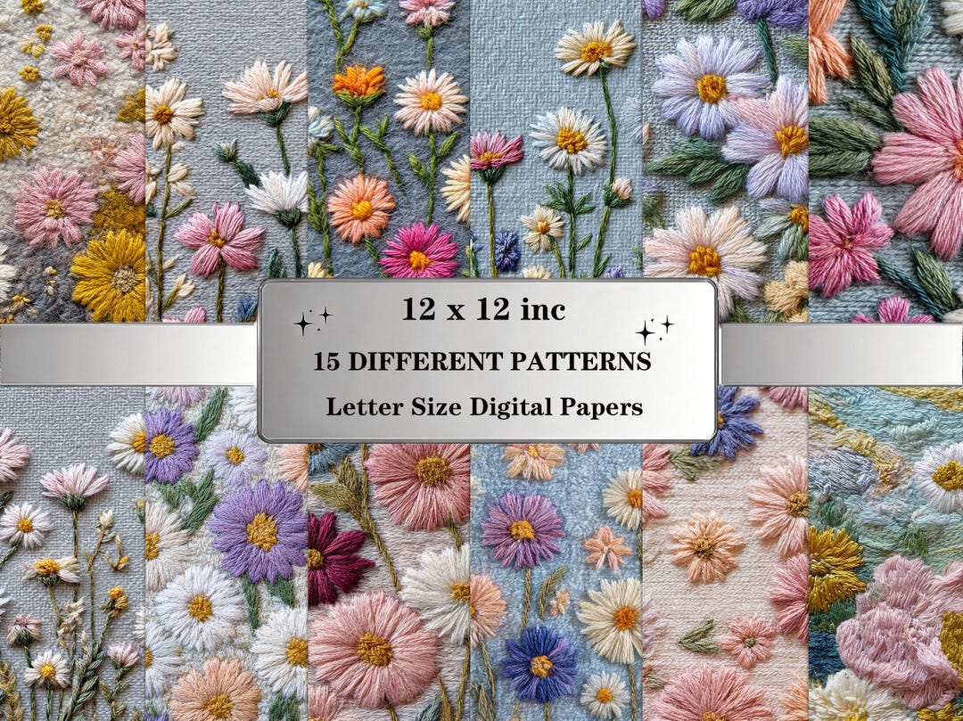 Embroidered Flowers Digital Paper Pack: Colorful Hand-stitched Textile ...