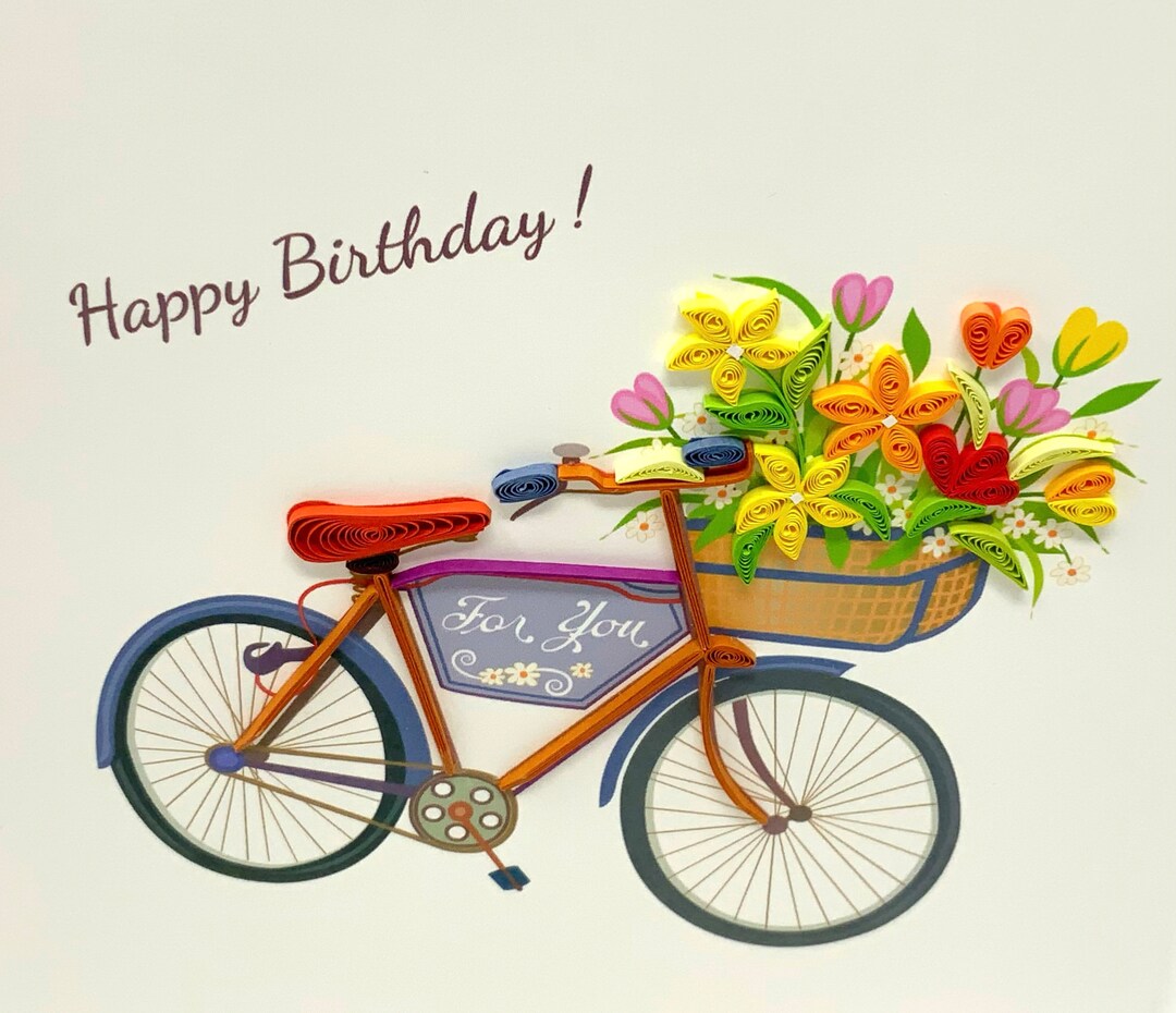 Floral Bicycle Happy Birthday Quilling Greeting Card, Handmade Greeting ...