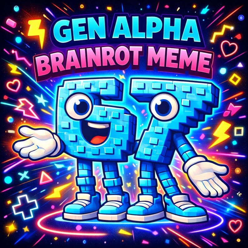 Cute Six Seven 67 Cartoon Brainrot PNG, Gen Alpha Meme Number, Kids ...