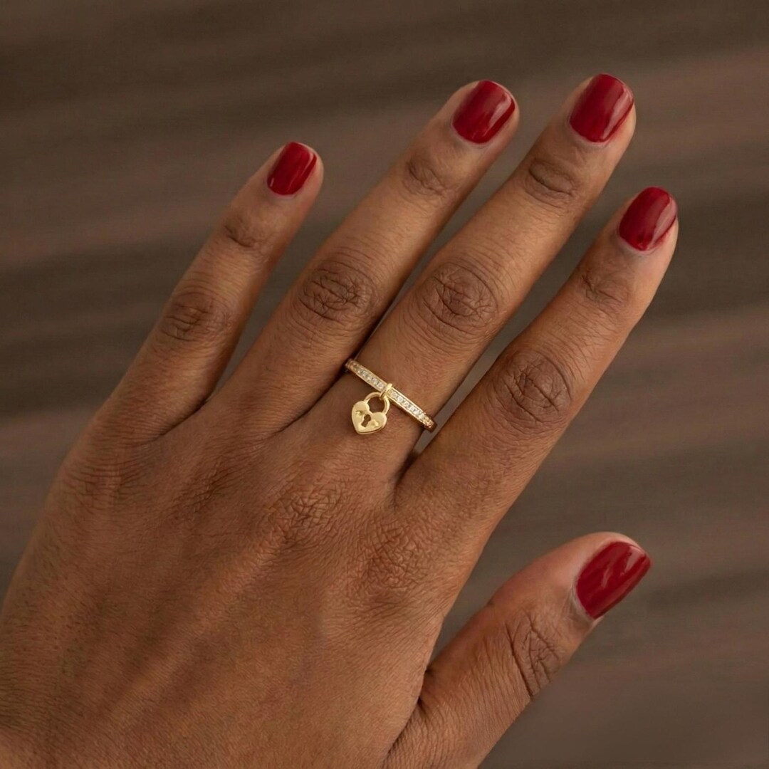 Heart Lock Charm Ring, 925 Sterling Silver Dangling Heart Ring, 14K ...