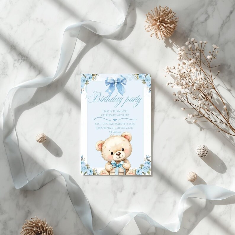 Children Teddy Bear Birthday Invitation Template | Light Blue Kids ...