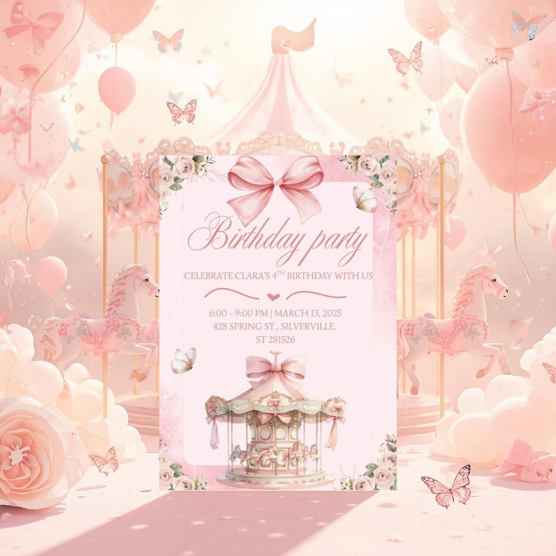 Pink Carousel Birthday Invitation | Princess Fairytale Party Invite ...