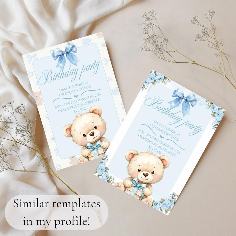 Children Teddy Bear Birthday Invitation Template | Light Blue Kids ...
