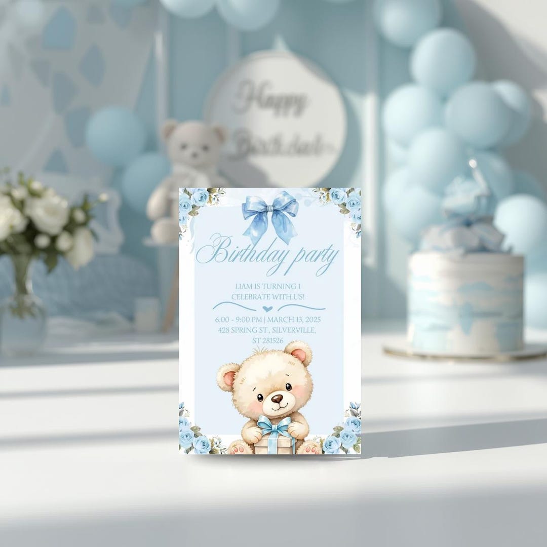 Children Teddy Bear Birthday Invitation Template | Light Blue Kids ...